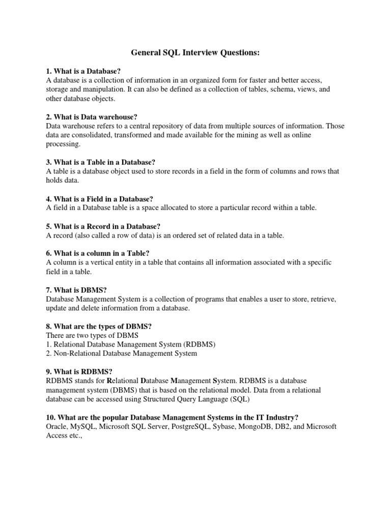 SQL 100 Interview Questions | PDF | Database Index | Relational Database