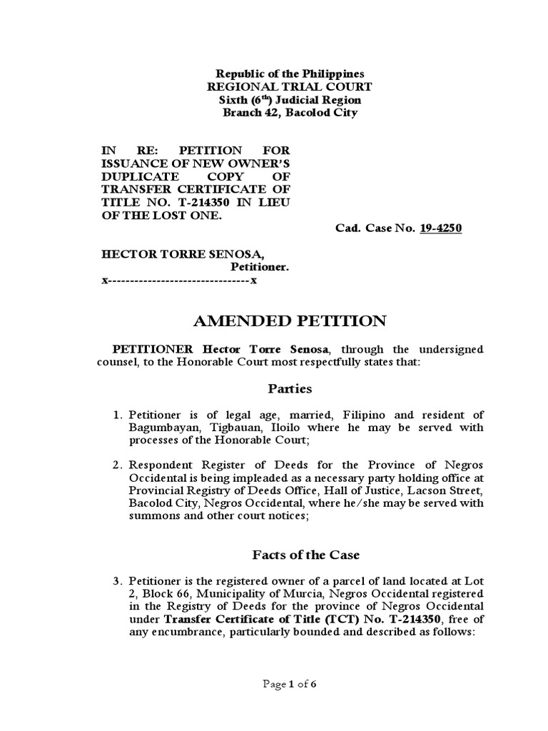 Amended Petition For The Issuance of New Title | PDF | Deed | Civil Law ...