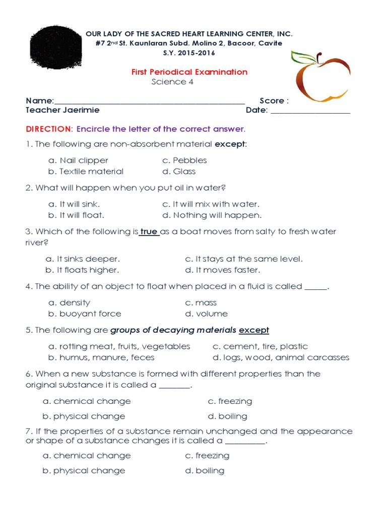 1st Periodical Test - Science 4 | PDF | Heart | Lung
