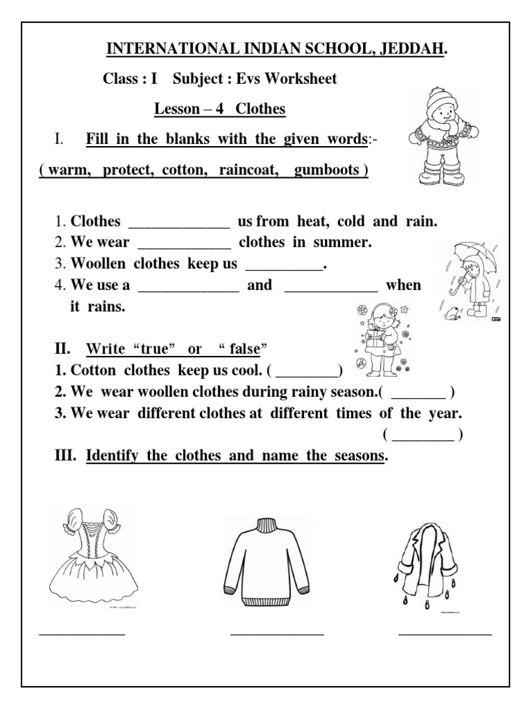 EVS Worksheet Class I Lesson 4 Clothes | PDF