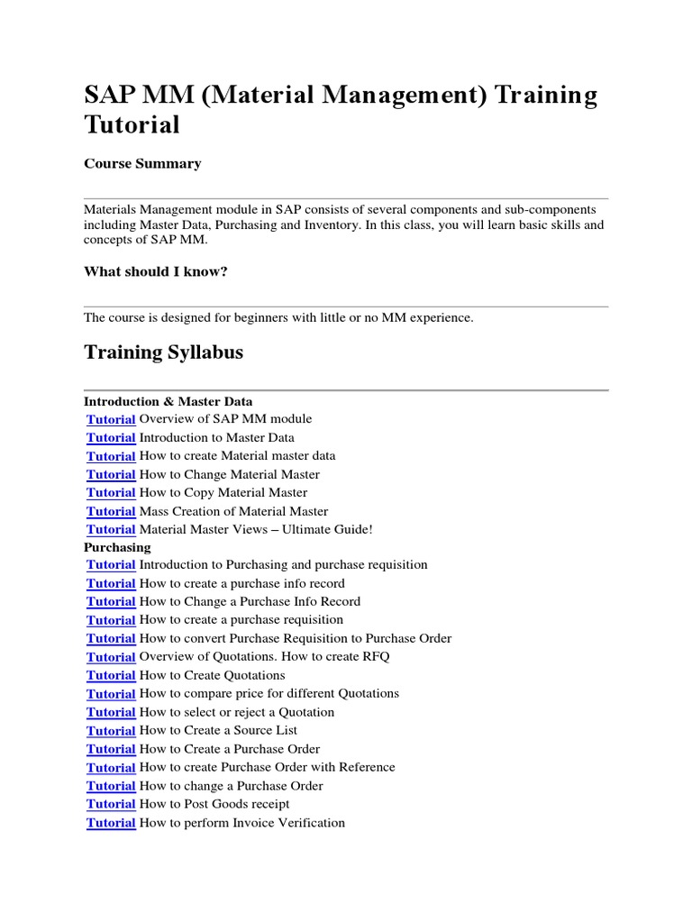SAP MM (Material Management) Training Tutorial | PDF | Business ...