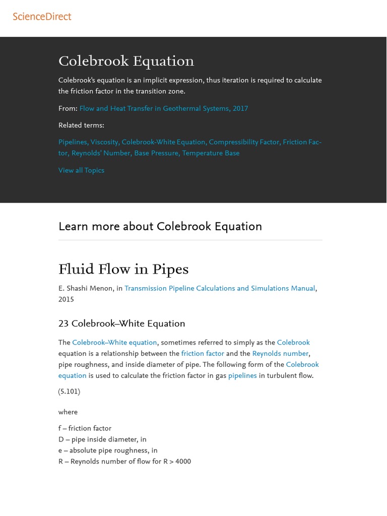 Colebrook Equation Fluid Flow in Pipes | PDF | Fluid Dynamics ...