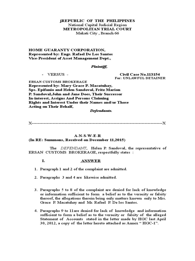 Answer To Damages With TRO | PDF | Complaint | Lease