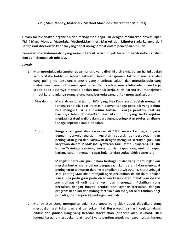 7M (Man, Money, Materials, Method, Machines, Market Dan Minutes) | PDF