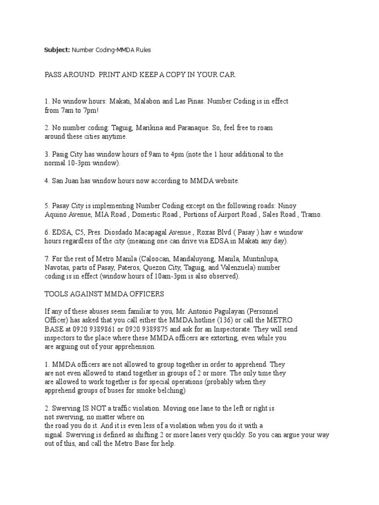 Number Coding - Mmda Rules | PDF | Metro Manila | Makati