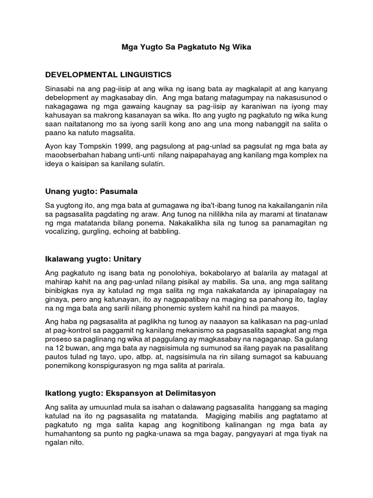 Mga Yugto Sa Pagkatuto NG Wika | PDF
