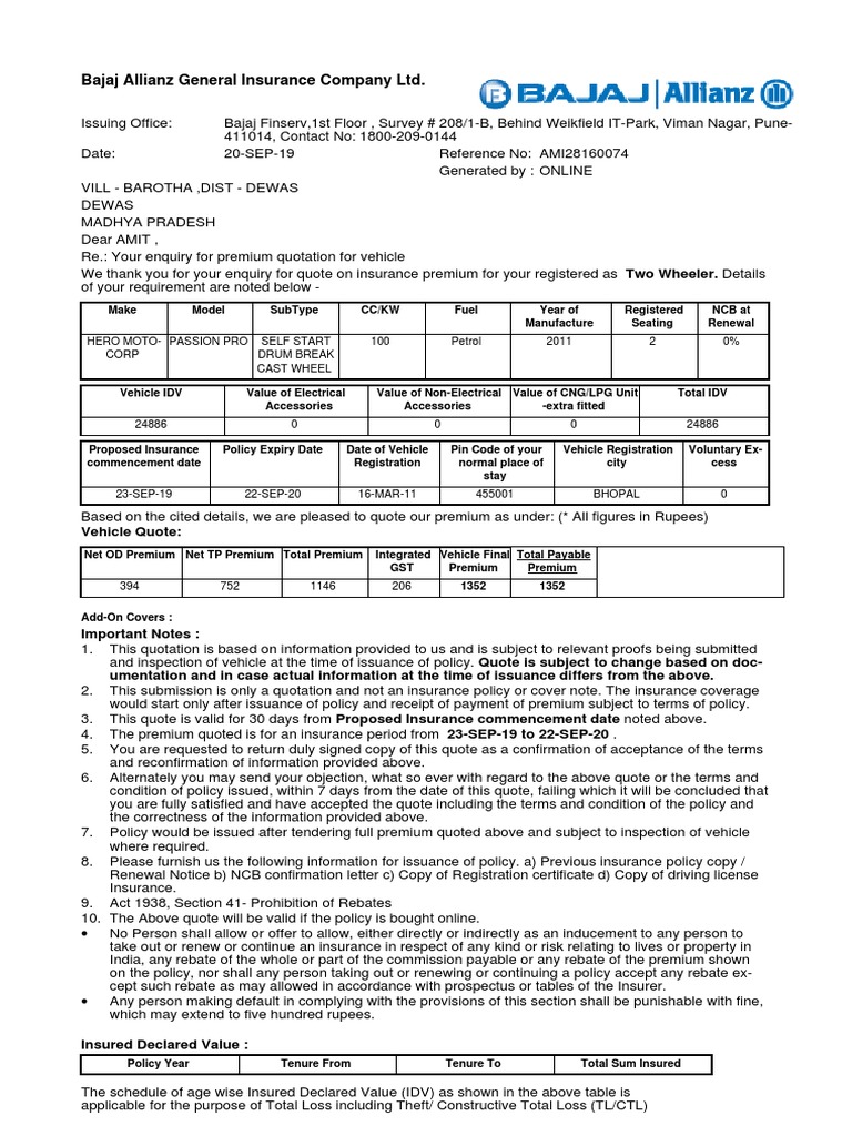 Quotation PDF | PDF | Insurance Policy | Insurance