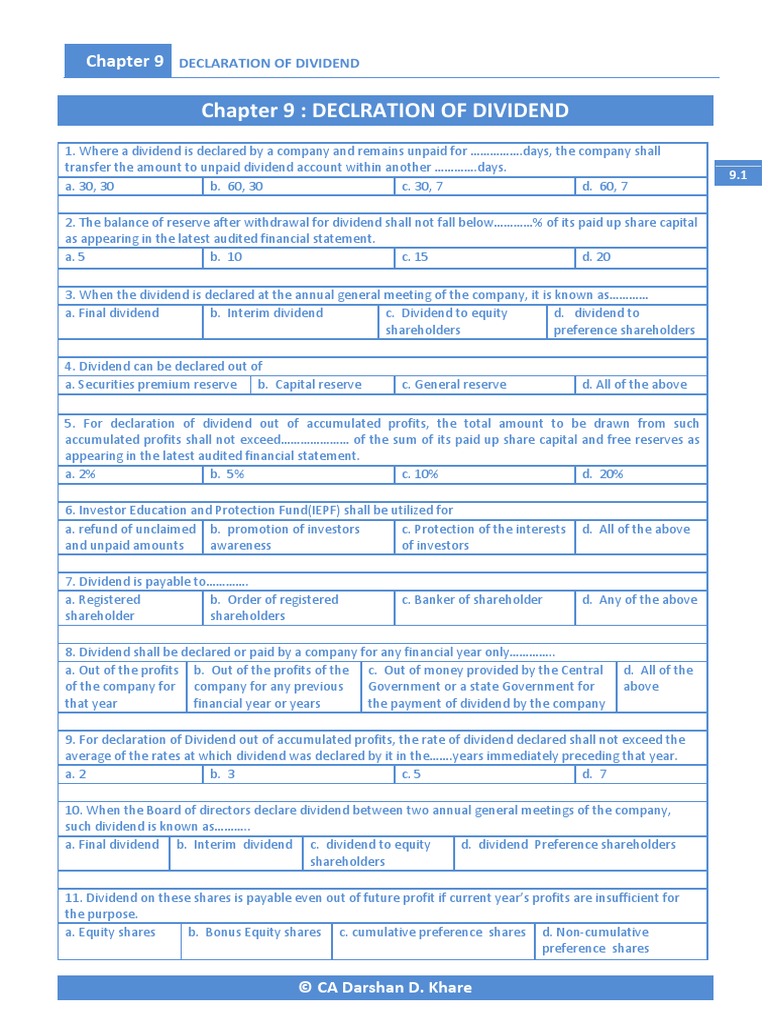 Chapter 9: Declration of Dividend | PDF | Preferred Stock | Dividend