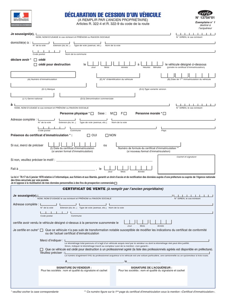 Declaration de Cession Dun Vehicule | PDF | Données personnelles ...