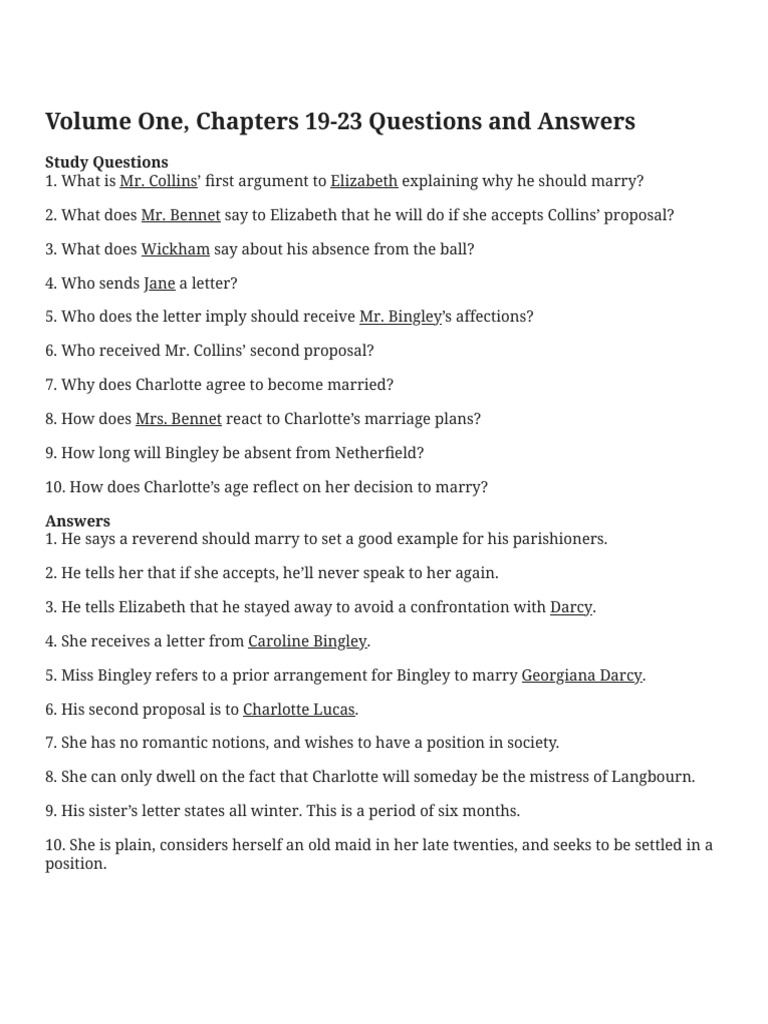 Pride and Prejudice Volume One, Chapters 19-23 Questions and Answers ...