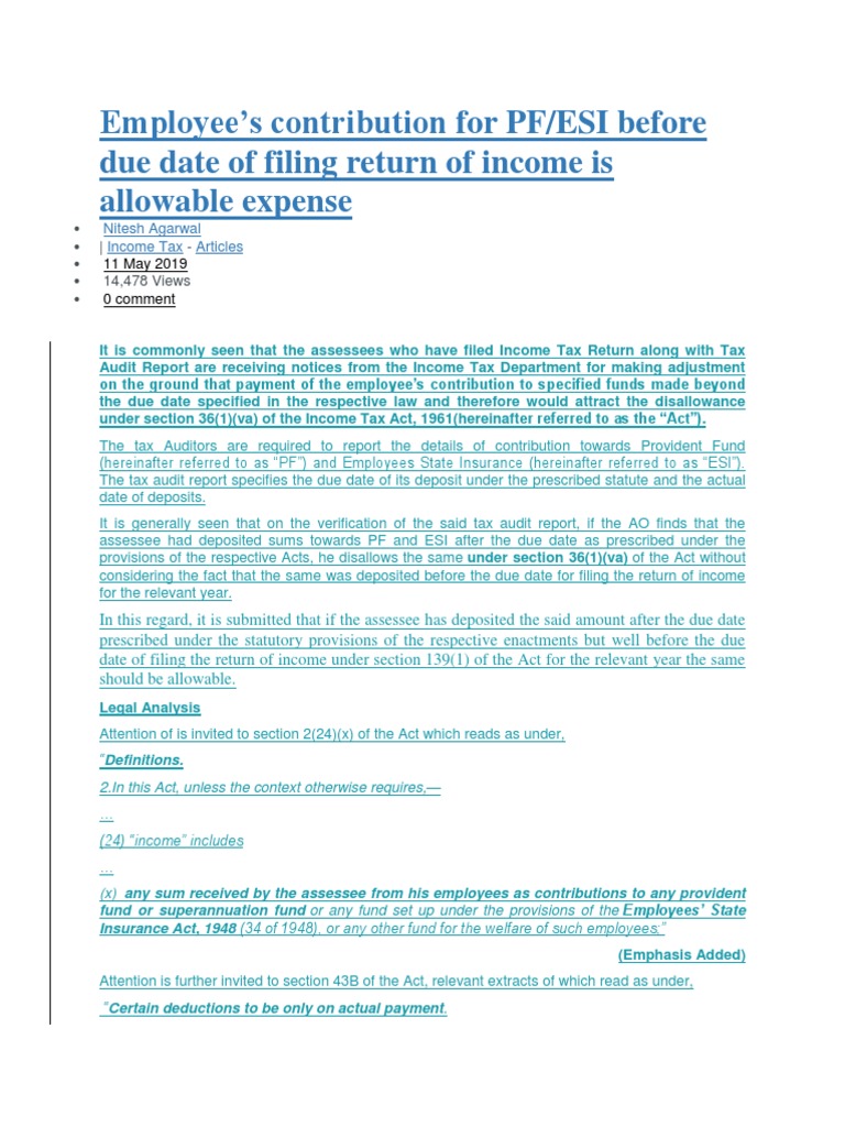Employee's Contribution For PF/ESI Before Due Date of Filing Return of ...