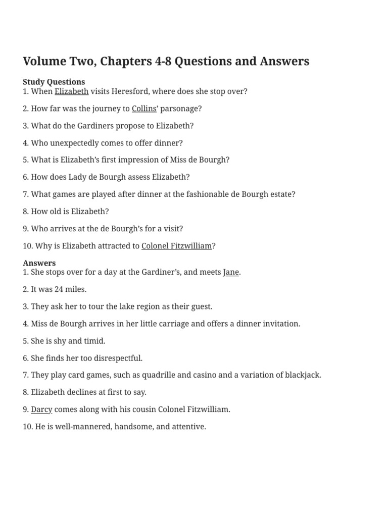 Pride and Prejudice Volume Two, Chapters 4-8 Questions and Answers ...