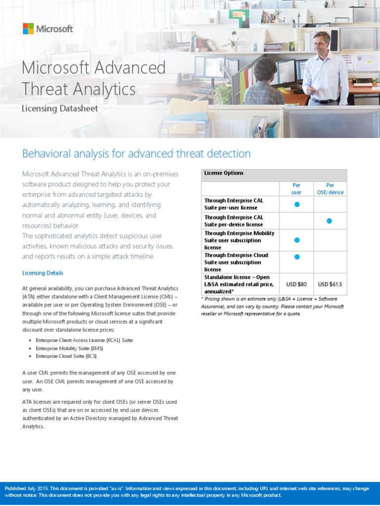 Microsoft Advanced Threat Analytics Licensing Datasheet PDF | PDF | Active Directory | Operating ...