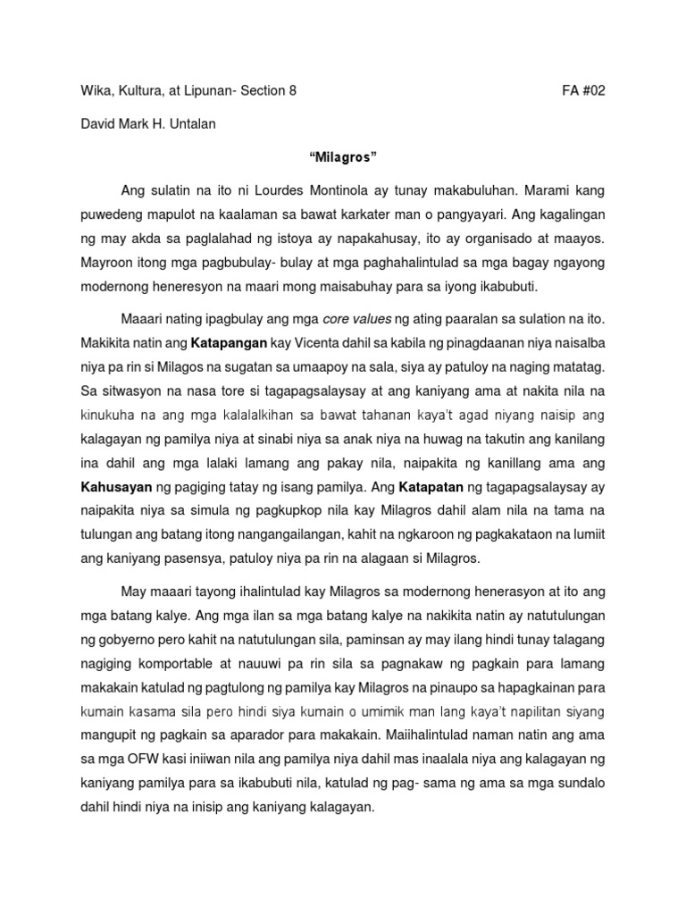 Milagros - Reflection Paper | PDF