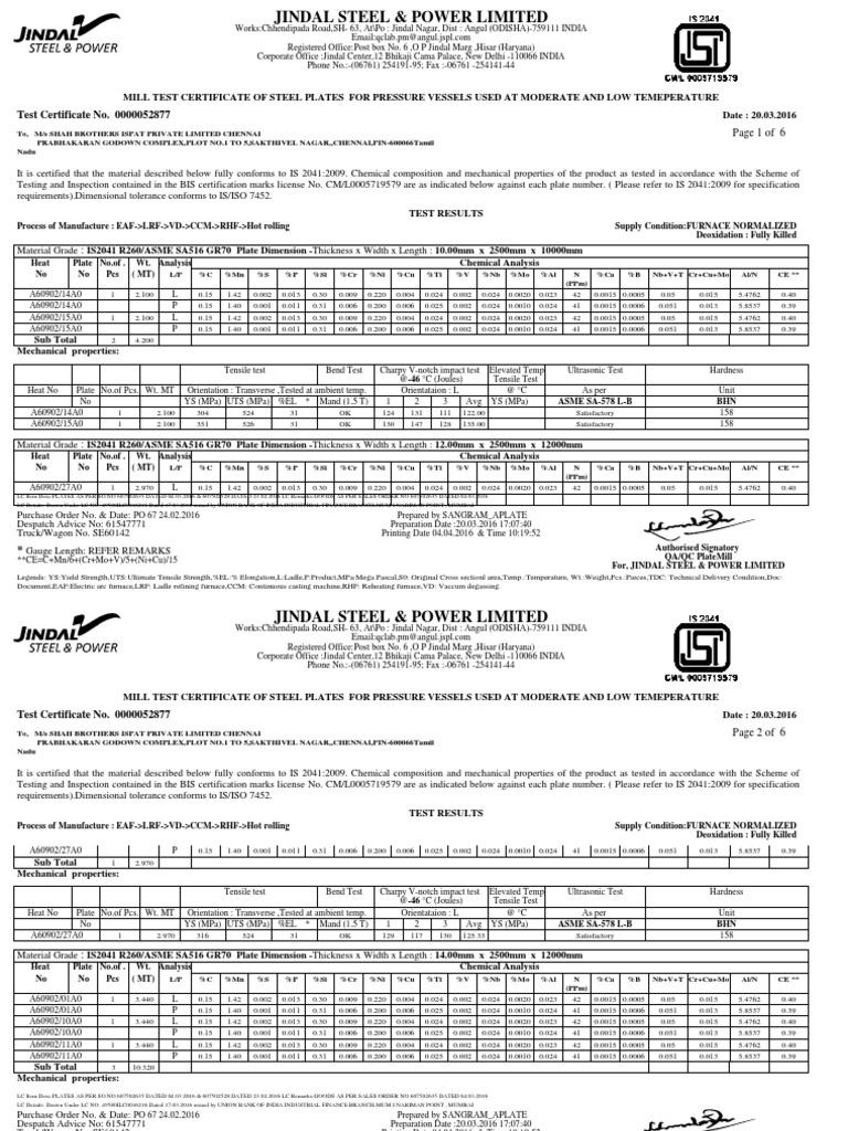 Page 1 of 6: Test Certificate No. 0000052877 | Ultimate Tensile ...