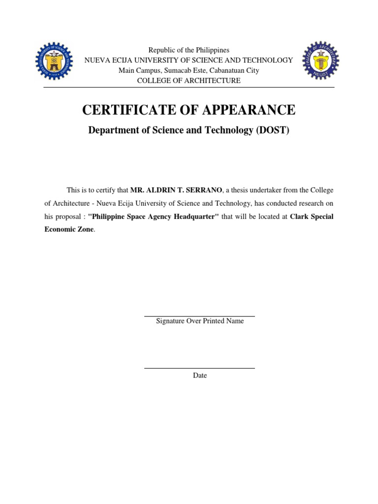 Certificate of Appearance: Department of Science and Technology (DOST ...