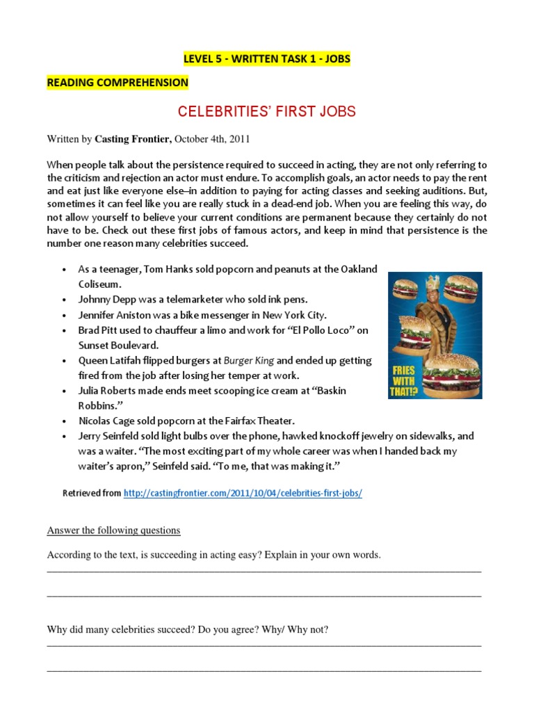 Celebrities' First Jobs: Level 5 - Written Task 1 - Jobs Reading Comprehension | PDF