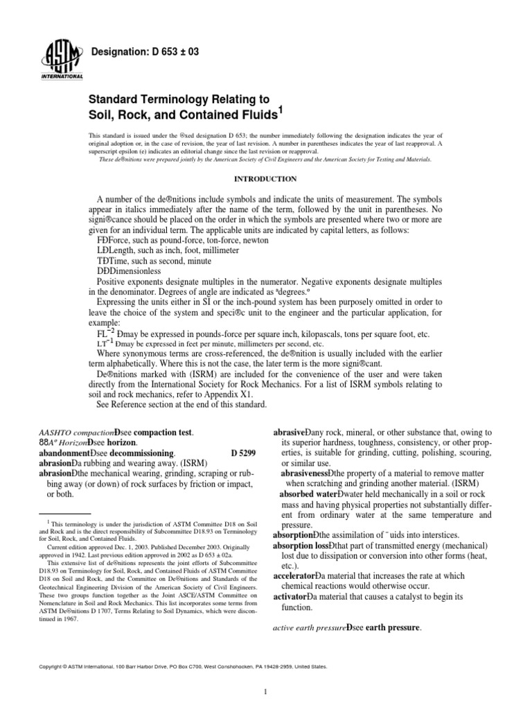 ASTM D 653 03 Standard Terminology Relating To Soil Rock and Contained ...
