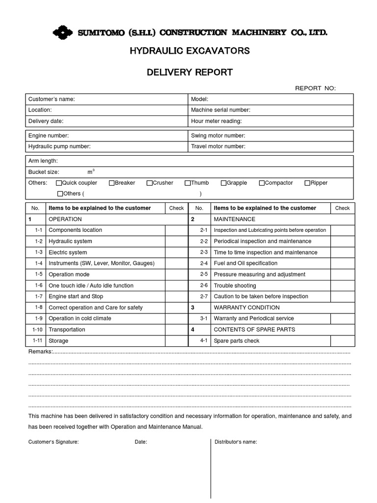 Hydraulic Excavators Delivery Report: Items to be explained to the ...