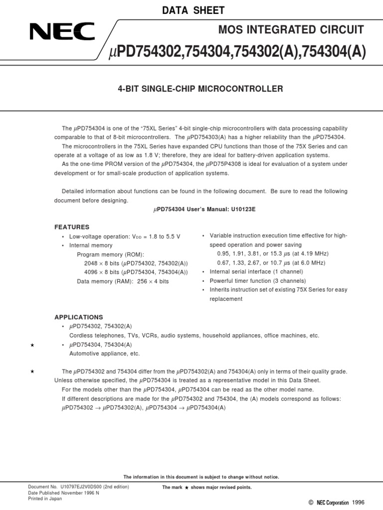 PD754302,754304,754302 (A), 754304 (A) : Mos Integrated Circuit | PDF ...