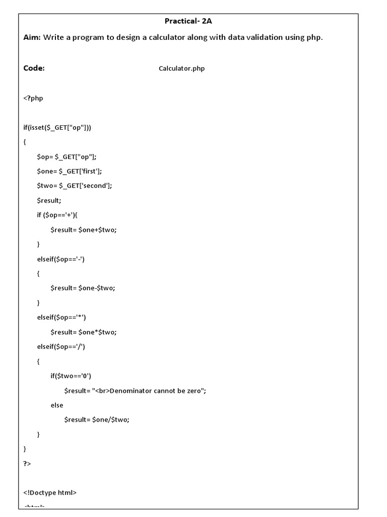 Practical-2A Aim: Write A Program To Design A Calculator Along With Data Validation Using PHP ...