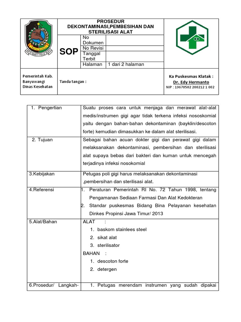 Sop Dekontaminasi, Pembersihan Dan Sterilisasi Alat | PDF
