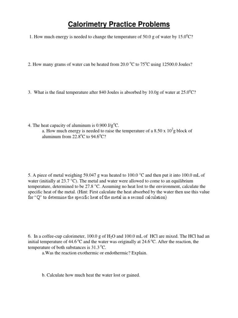 Calorimetry Practice Problems | PDF | Heat | Properties Of Water