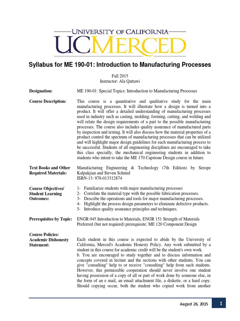 Syllabus For ME 190-01: Introduction To Manufacturing Processes | PDF ...