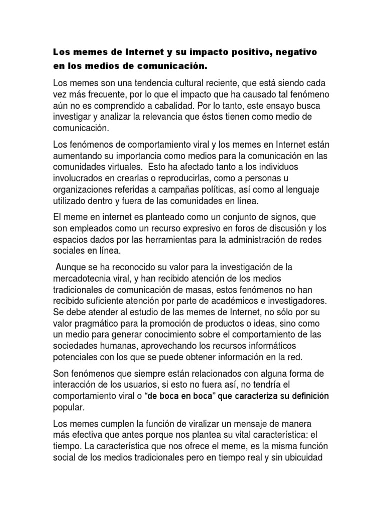 Los Memes de Internet y Su Impacto Positivo | PDF | Meme | Internet