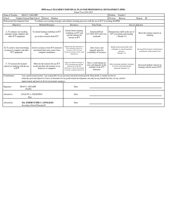 Ippd Form I-Teacher'S Individual Plan For Professional Development ...