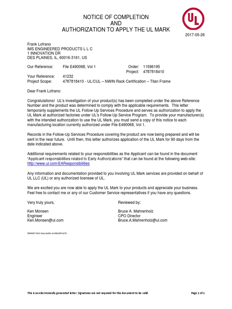 Notice of Completion AND Authorization To Apply The Ul Mark | PDF ...