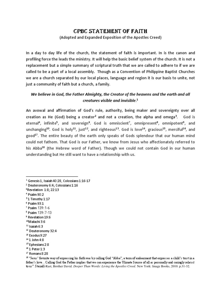 CPBC Statement of Faith Overview | PDF | God The Father | Christian Church