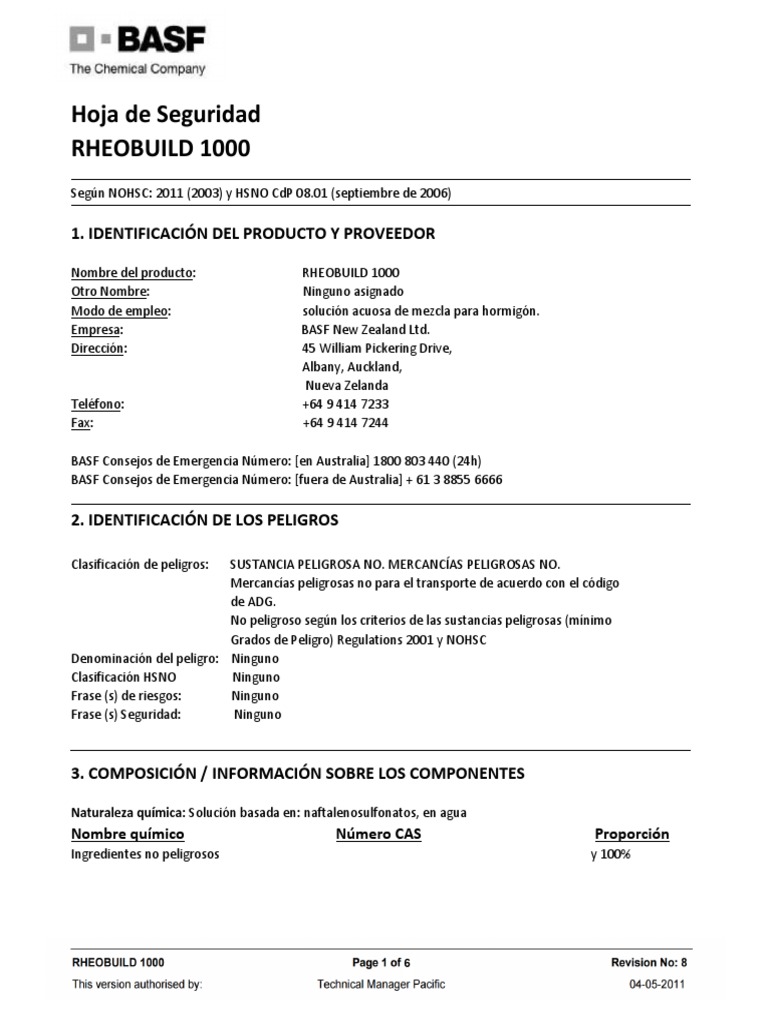 Msds Master Rheobuild 1000 | PDF | Contaminación | Agua