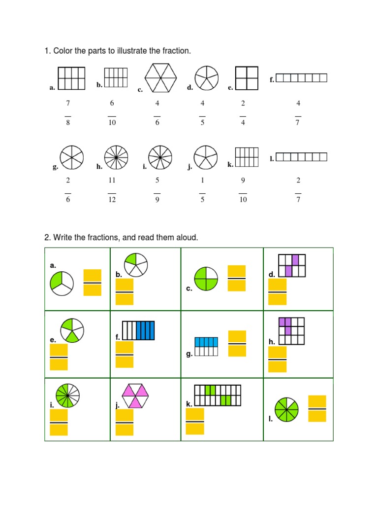 Color The Parts To Illustrate The Fraction.: A. B. C. D. E. F | PDF