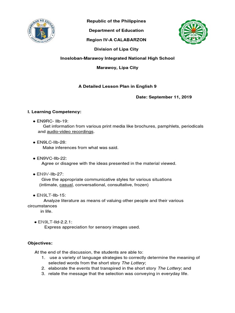 The Lottery Detailed Lesson Plan | PDF | Senses | Lesson Plan