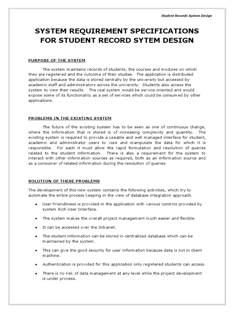 System Requirement Specifications For Student Record Sytem Design | PDF | Input/Output | Databases