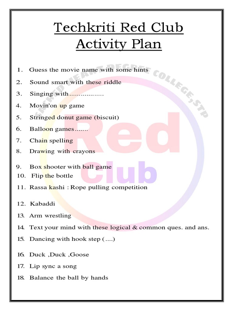 Techkriti Red Club Activity Plan | PDF | Leisure | Sports
