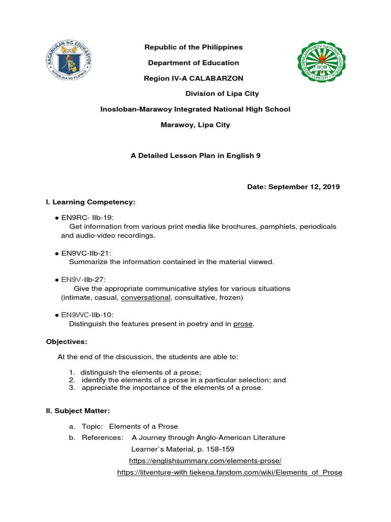 Elements of A Prose Detailed Lesson Plan | PDF | Narration | Poetry