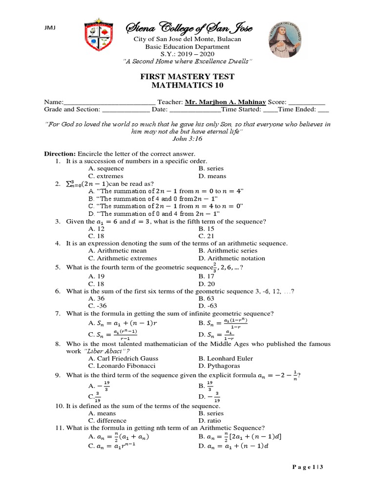 Siena College of San Jose: First Mastery Test Mathmatics 10 | PDF ...