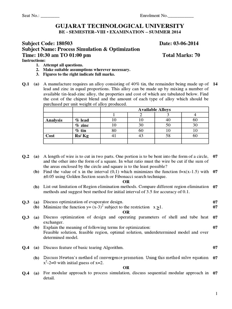 181405-180503-Process Simulation and Optimization | PDF | Mathematical Optimization | Numerical ...