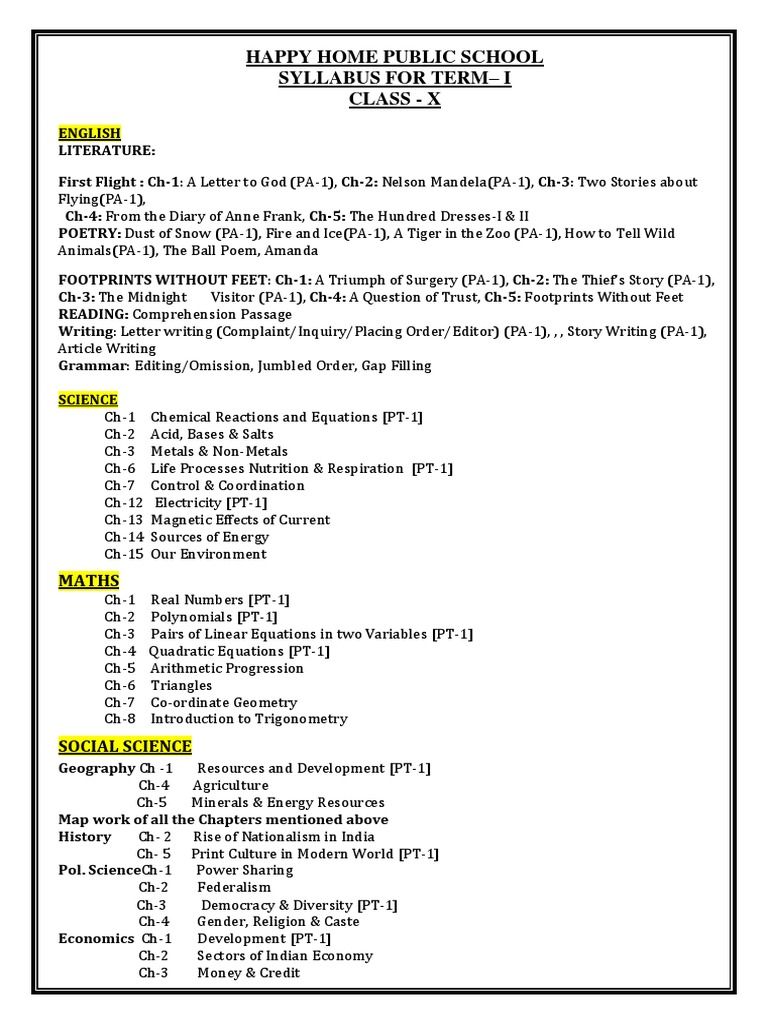 Happy Home Public School Syllabus For Term - I Class - X: Maths | PDF ...