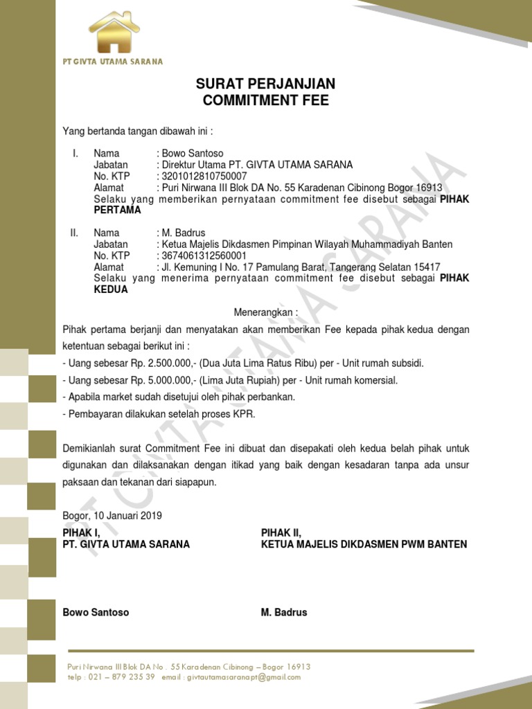 Kop Surat Commitment Fee PT Givta Utama Sarana | PDF