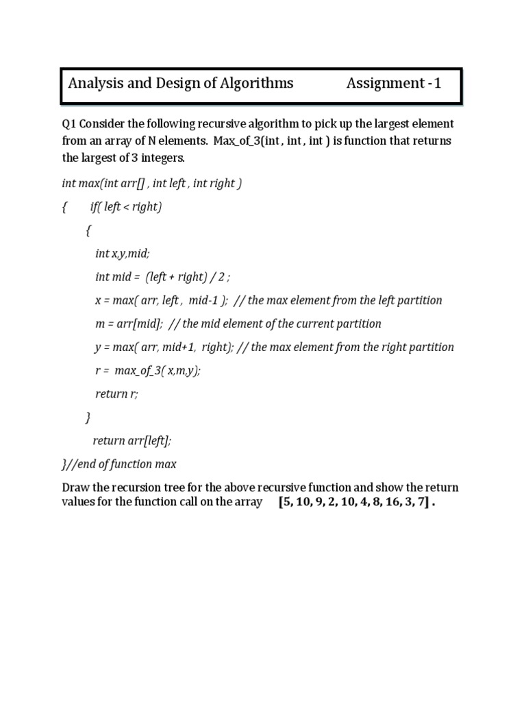 ADA Exercise - 1 (Recursion Trees For GCD, Max and Power) | PDF