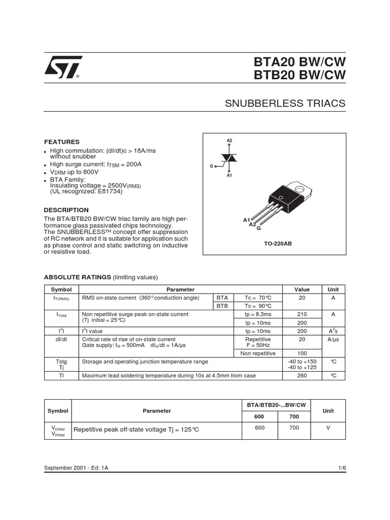 Snubberless Triacs BTA/BTB20 Specs | PDF | Electrical Equipment ...