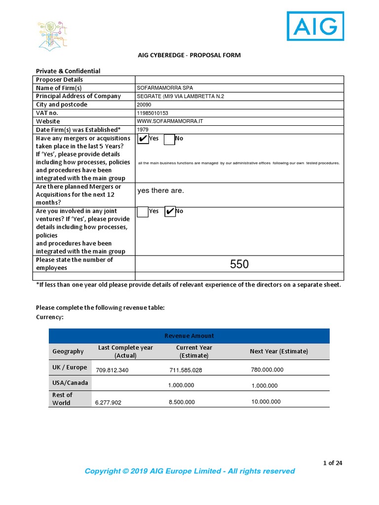 AIG PROPOSAL FORM - Long Form 2019 - Editabile - Eng | PDF ...