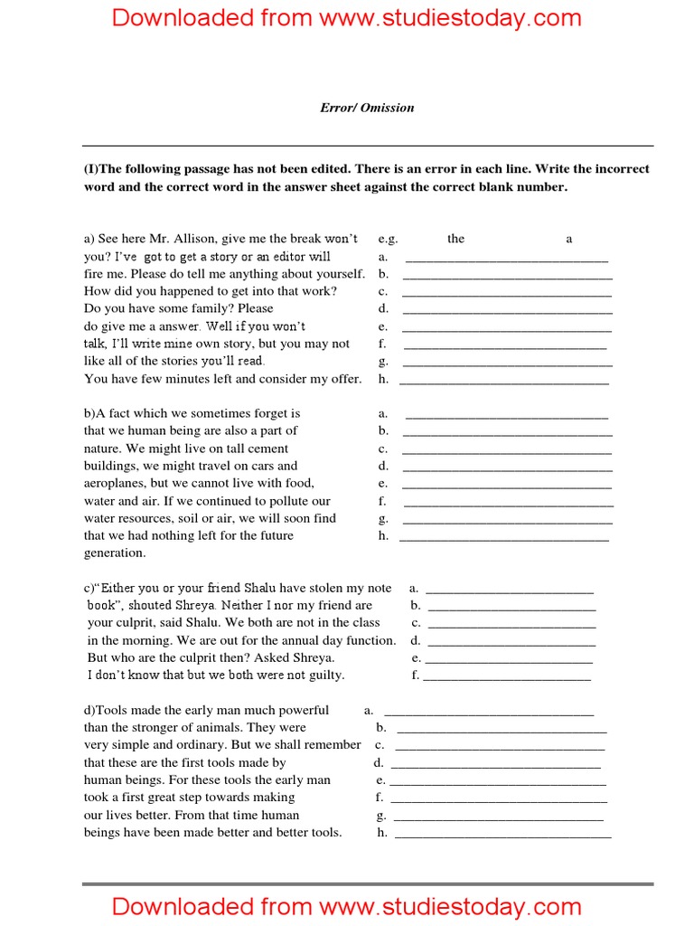 CBSE Class 11 English Worksheet - Error Omission | PDF