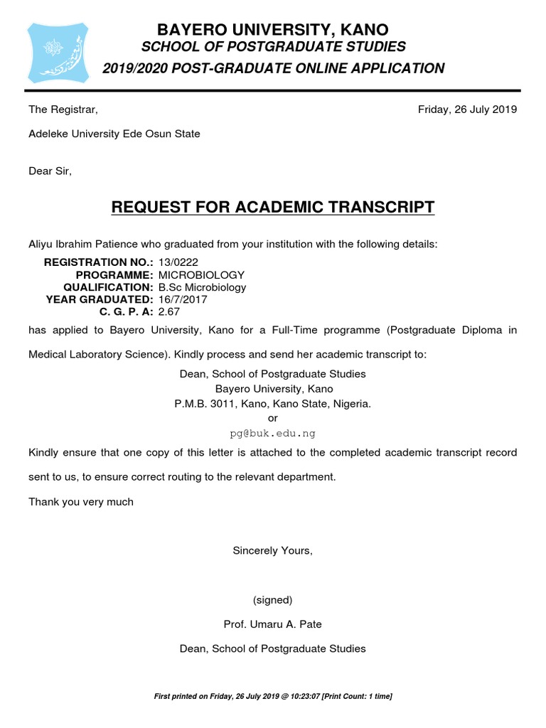 (PG300000) (Adeleke University Ede Osun State) Transcript Request PDF | PDF