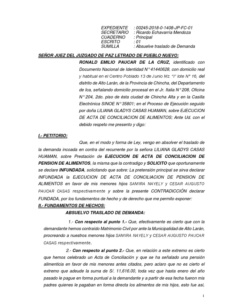 Contesta Demanda Ejecucion de Acta de Conciliacion de Alimentos Ronald ... Contesta Demanda Ejecucion de Acta de Conciliacion de Alimentos Ronald ...