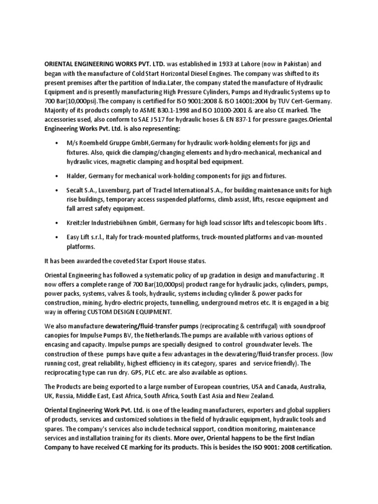 Oriental Engineering Works Overview | PDF | Pump | Elevator