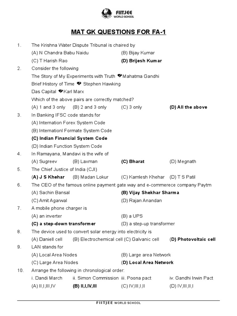 Fa-1 Mat GK Questions | PDF | Nature